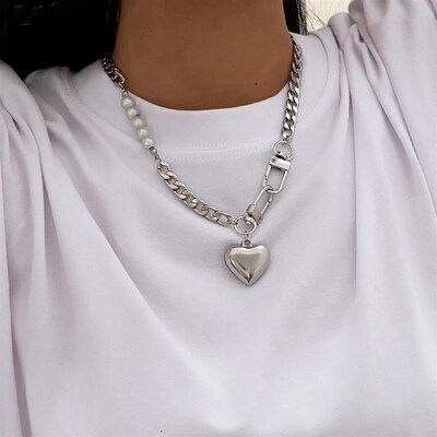 Salircon Punk Stainless Steel Heart Pendant Necklace for