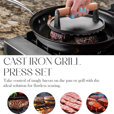 Cast Iron Grill Press Burger Steak Griddle Skillet