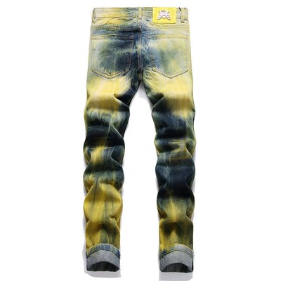 Men Tie Dyed Sretch Denim Jeans Sreetwear Painted Slim Strai