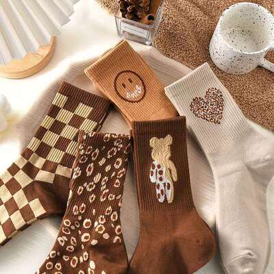 Brown socks womens cotton mid-length socks Instagram fashio