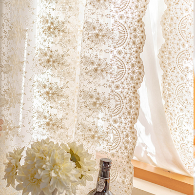法式飘窗窗帘奶油白蕾丝复古层纱帘透光不透人免打孔田园半帘