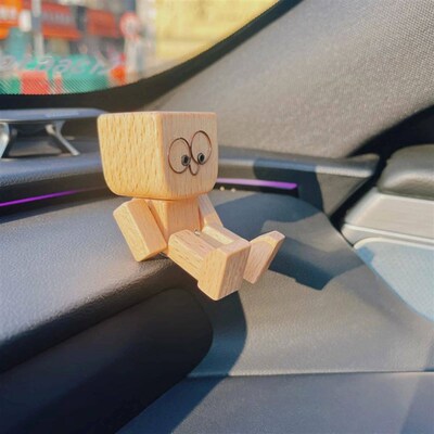 Cute Car Shaking Wooden Man Figurine Interior Wood Ornaments