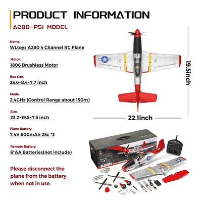 WLtoys XK A280 RC plane,P51 Mustang 4-CH RC Airplane with Li