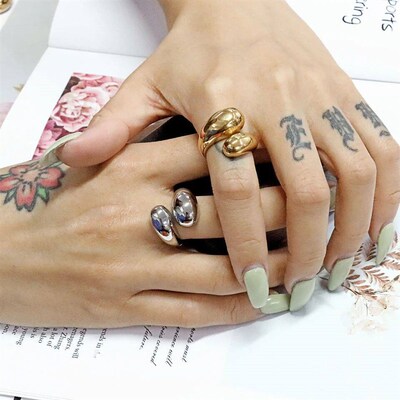 New Stainless Steel Water Drop Ring Statement Metalic Textur