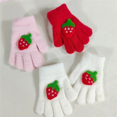 Winter Warm Kids Plush Gloves Cute Strawberry Children Full