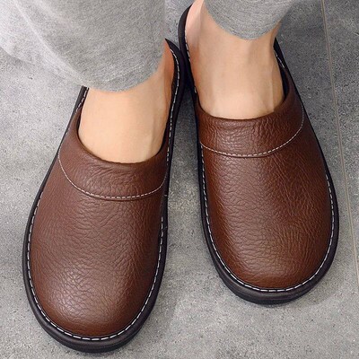 Solid Blue Brown Black Leather Slippers Men Bedroom Shoes