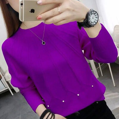 Fashion O-Neck Solid Color Diamonds Sweater Womens Clothing