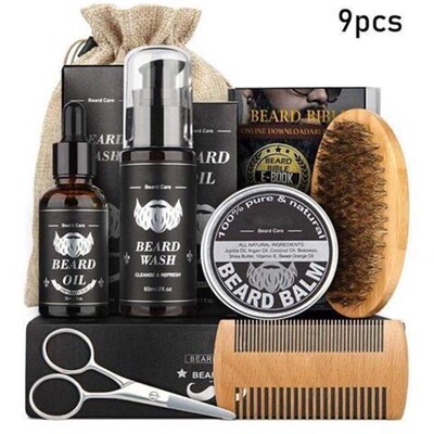 9Pcs/Set Beard Growth Kit Wash Conditioner Growth Balm Softe
