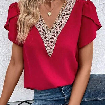 Elegant Women Blouse Fashion Shirt 2023 Summer Solid Petal S