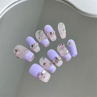 French Purple Fake Nails with Rhinestone Sweet & Charming