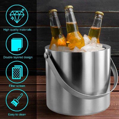 Ice Bucket with Lid Strainer Tong Double Walled Stainless