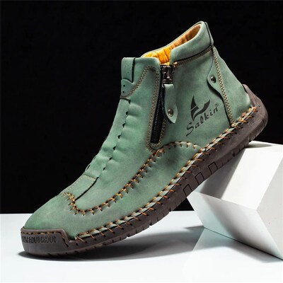 Mens Leather Casual Loafers Solid Color Sewing Style Vintag