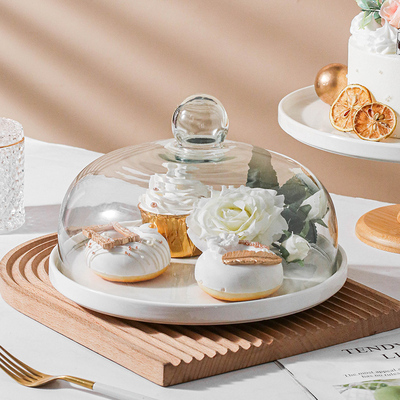 高脚蛋糕托盘木质甜品台展示架面包甜品玻璃罩点心水果试吃盘带盖