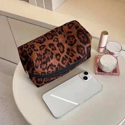 Large Women Leopard Cosmetic Bag Box Shaped Zipper Make Up B