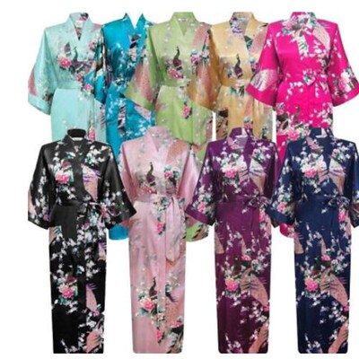 Plus Size XXXL Chinese Women Long Robe Print Flower Peacock