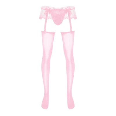 Men Sissy Sheer Lace Skirted Pantyhose Bulge Pouch G-String