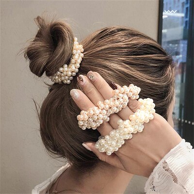 Fashion Faux Pearl Hair Rope Multicolor Beads Scrunchie tail