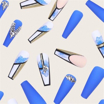 Blue Flowers & Diamond Fake Nails Non-Toxic Odorless Not