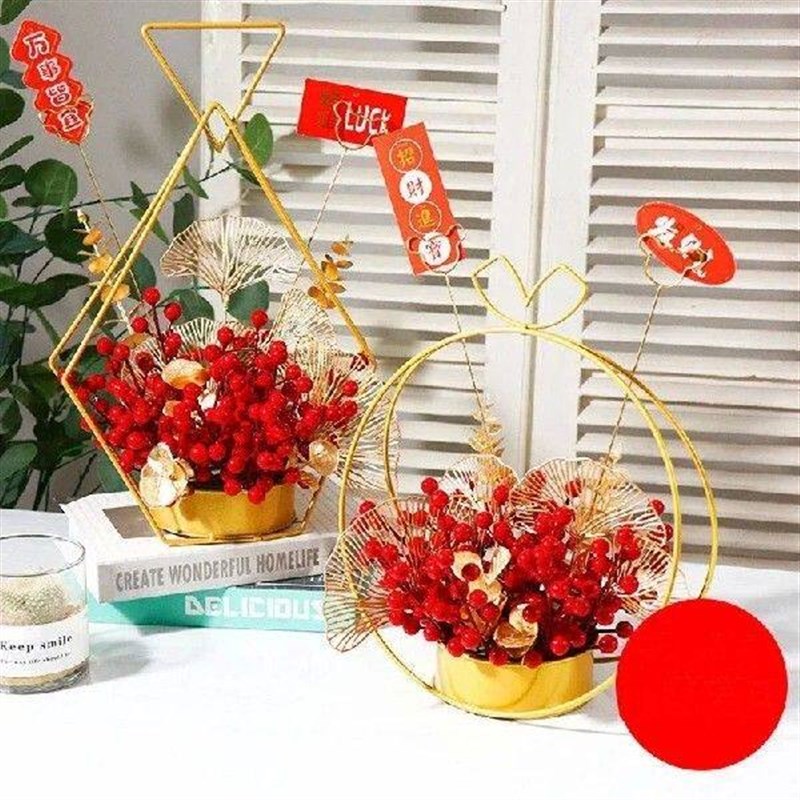 Chinese Red Fortune Fruit Lucky Holly Fruit Metal Vase