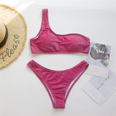 Fashion Single Shoulder Women Bikinis Set Female Shinning Hi