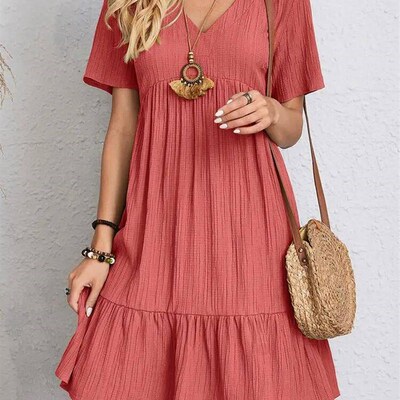 Women Vintage Mini Dresses 2023 Summer Solid Casual V Neck R