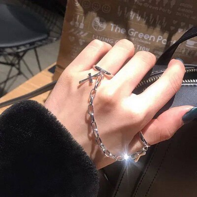 Men Punk Silver Color Plated Cross Chain Ring For Women rend