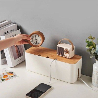 Bamboo Wood Cover, Wire Storage Box, Collection Box, Plug
