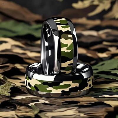 Cool 8mm Silver Color Men Stainless Steel Ring with Camo