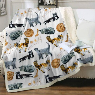Grey and White Cats Blanket Plush Sherpa Flannel Throw Blank