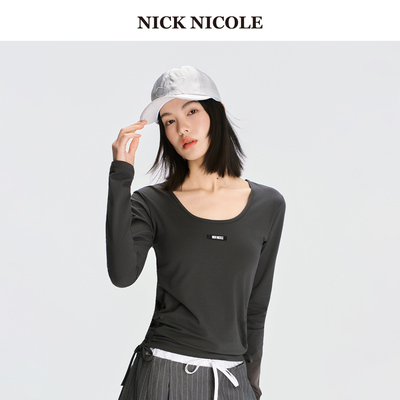 NICK&NICOLE小蝴蝶2026秋季新款T恤带抽绳长袖打底衫修身松弛韩风