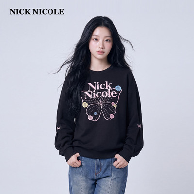 NICKNICOLE蝴蝶印花圆领卫衣女
