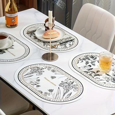 Floral Elliptical Placemats, PU Leather Sketch Flowers Patte