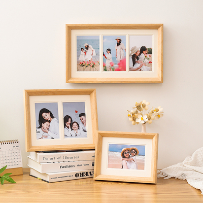 洗照片加相框二宫格三联装裱家庭成长记录照摆台相册展示实木画框