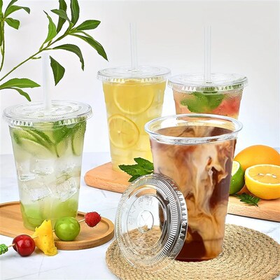 50Sets 12/16/20OZ Plastic Cups With Lids Clear Disposable Cu