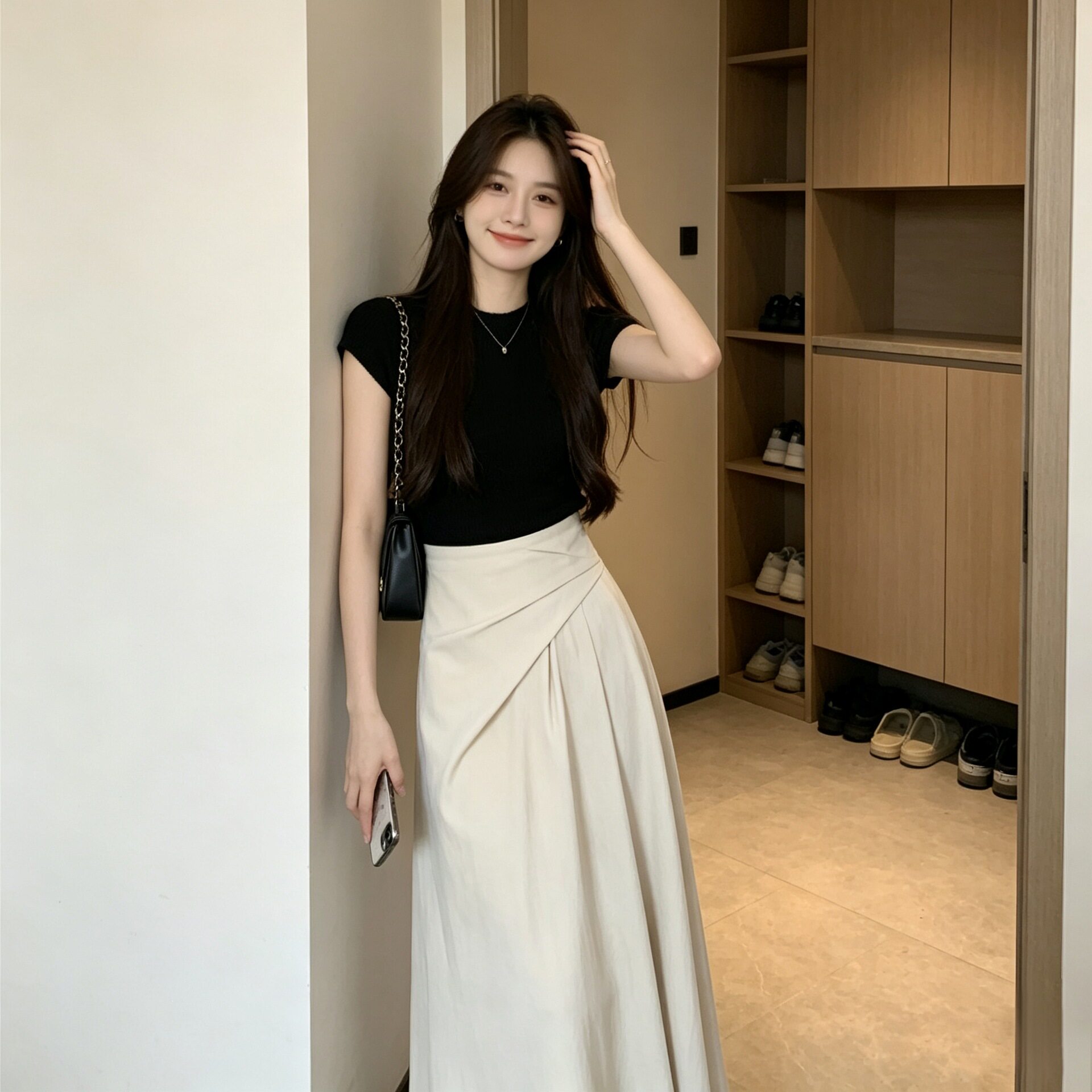 女夏独特绝美漂亮巨好看韩系穿搭一整套装棉黑短T搭不规则连衣裙