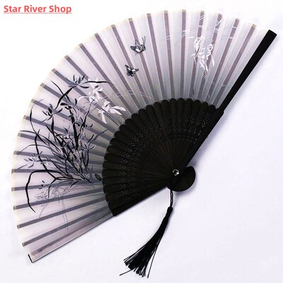 Chinese Japanese Folding Fan Wooden Shank Classical Dance Fa