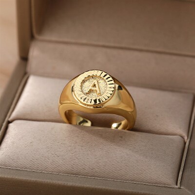 Vintage Initial Letter Signet Rings For Women Stainless Stee