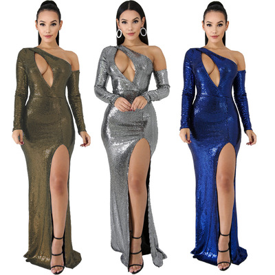 Dress womens dress shoulder high bounce Sequin open fork ni