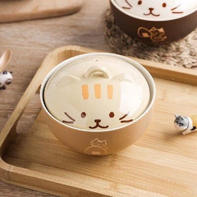 Cute Japanese Cat Ramen Bowl With Lid Ceramic Noodle Soup