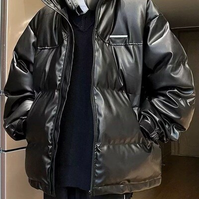 PU Leather Padded Coat for Men Winter Standup Collar Bread C