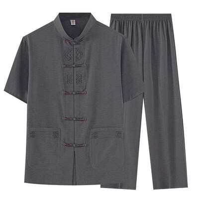 Chinese Cotton and Linen Mens Tang Suit Top Short-sleeved M