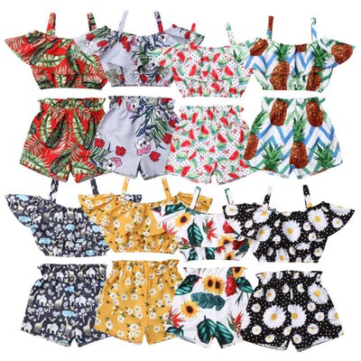 1-6 Years Summer Kids Girls Clothes Set Off Shoulder Sling V