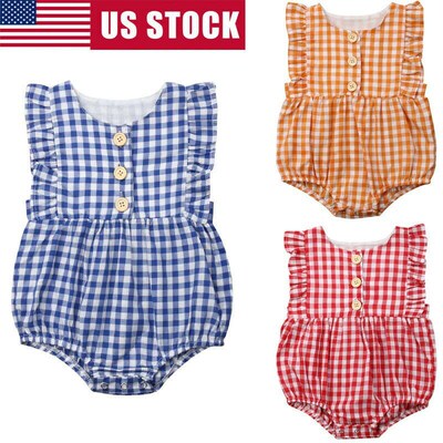 Baby Crawling Romper Grid Button Onesie Infant Grid Button R