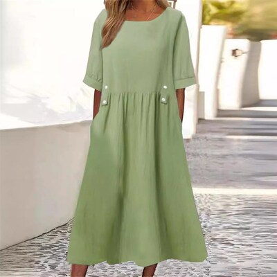 2025 Short Sleeve tton Linen Dress Round Neck Loose Long Plu