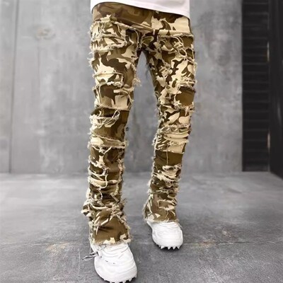 Mens Denim Straight Pants Sreet Fashion Ins Sretch Patch De