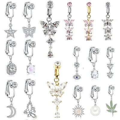 Faux Fake Belly Piercing Butterfly Leaves Dangling Long Fake