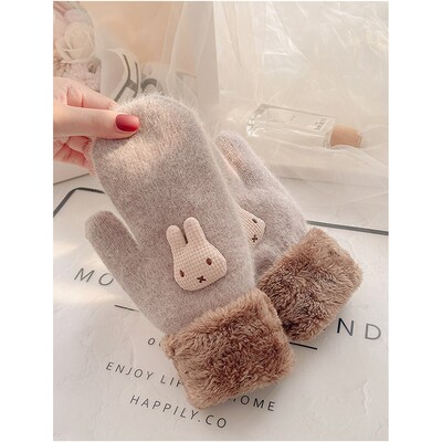 Gloves women plus fleece thickened rabbit fluff line windpro
