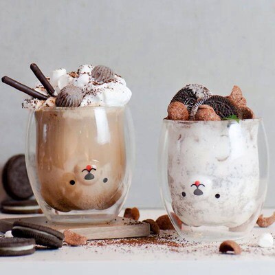280ML Double Glass Cup Coffee Mug Bear Cat Dog Animal Transp