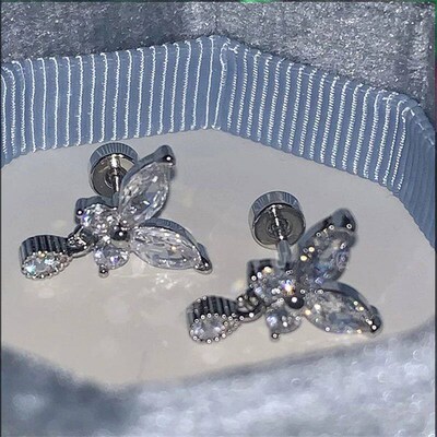 Shiny Hollow Silver Color Rhinestone Butterfly 316L Stainles