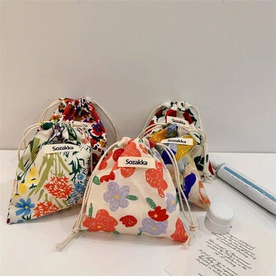 Cotton Fabric Floral Small Drawtring Bag Liptick Toiletry Ma